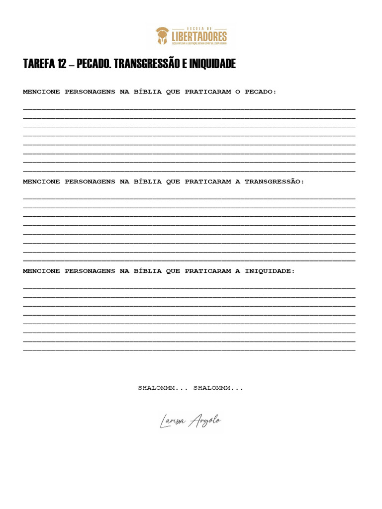 Tarefa 12 Pecado, Transgressão e Iniquidade Ap Larissa Argôlo | PDF