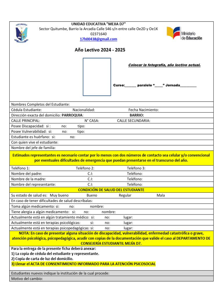 Ficha Acumulativa y Acta de Consentimiento Actualizada 2024-2025-Dece | PDF