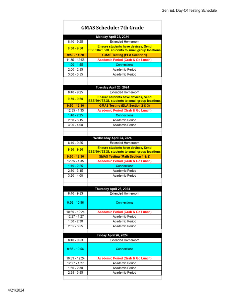 7th Grade GMAS Schedule | PDF