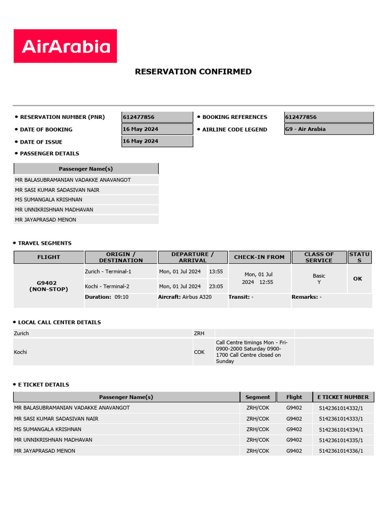 Air Arabia Ticket | PDF