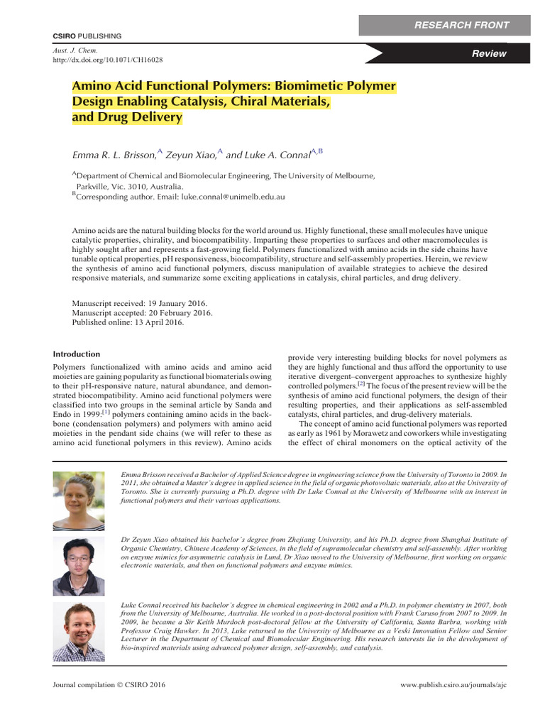 ! Amino Acid Functional Polymers Biomimetic Polymer Design Enabling ...