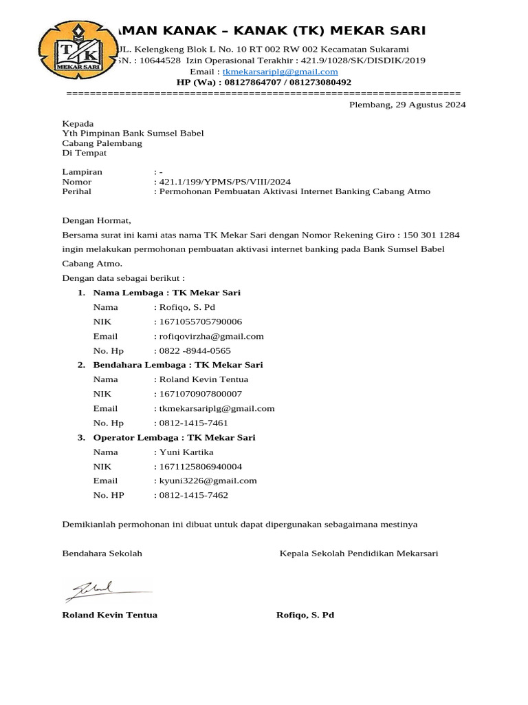 Surat Permohonan Aktivasi Banking | PDF