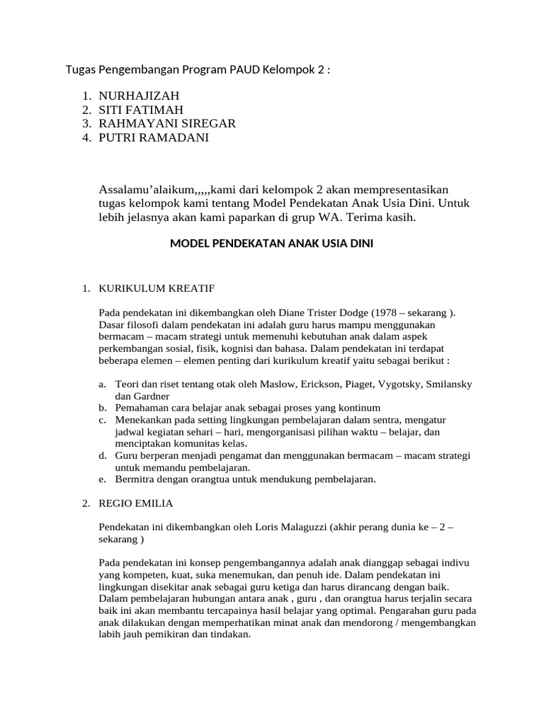 Tugas Kelompok Pengembangan Program PAUD Kelompok 2 | PDF