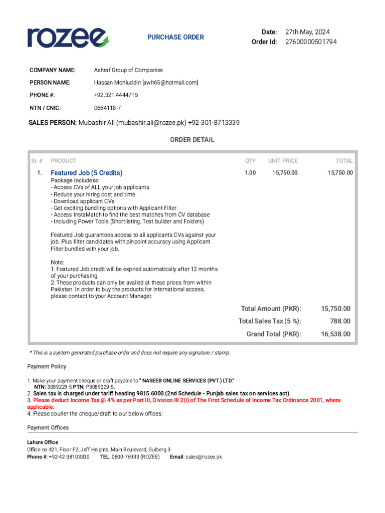 Hiring Solutions for Ashraf Group | PDF | Taxes | Payments