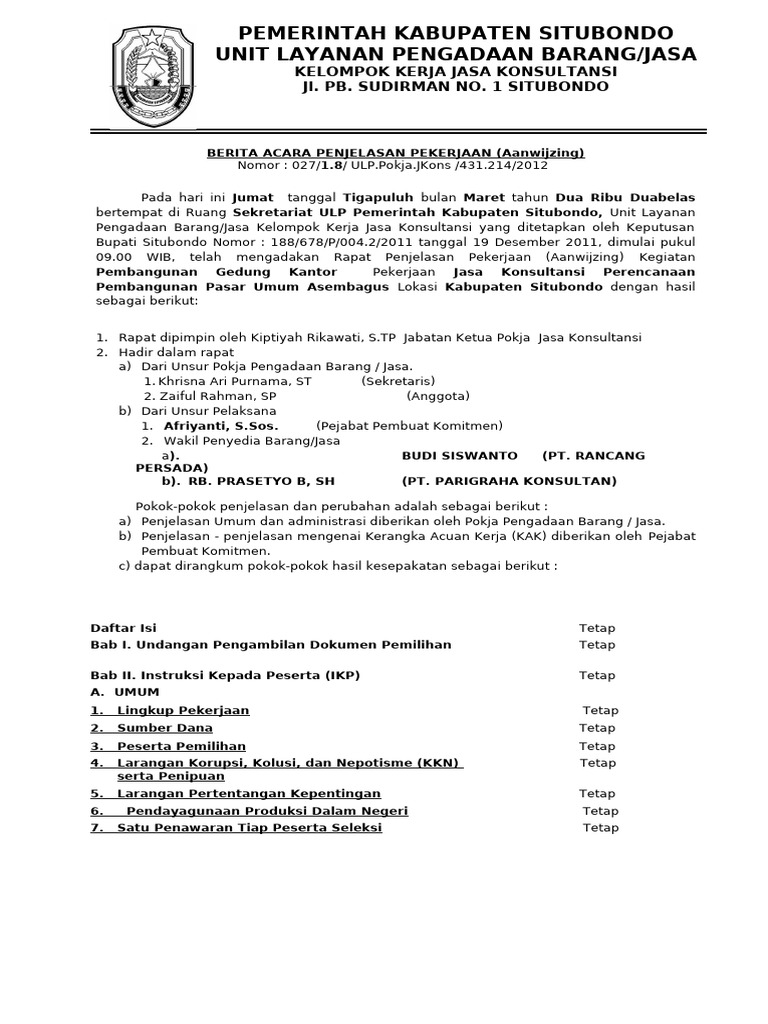 Berita Acara Aanwijzing Perencanaan Pasar | PDF