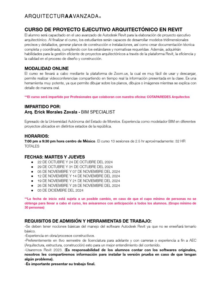 Curso de Diseño de Proyecto Ejecutivo en Revit - Octubre 2024 | PDF