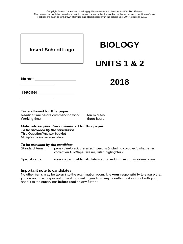 2018 Biology Units 1 2 Exam | PDF