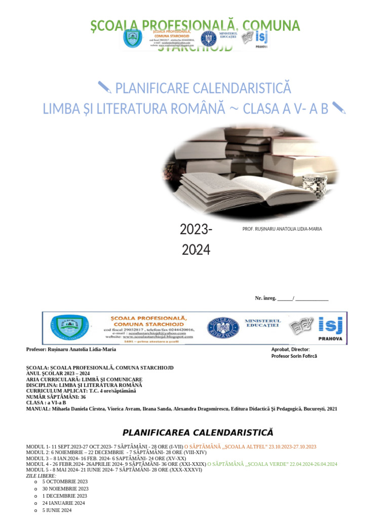 Planificare Anuala Si Proiectare Unitati Clasa A V A B Starchiojd | PDF