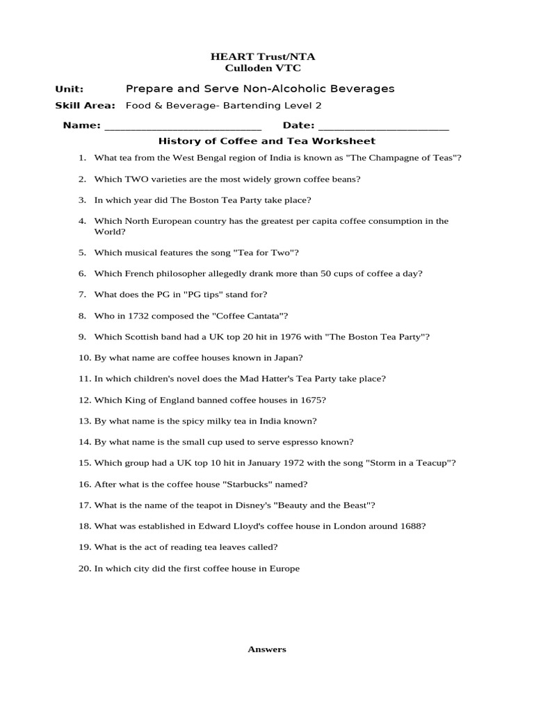 History of coffee and tea worksheet | PDF