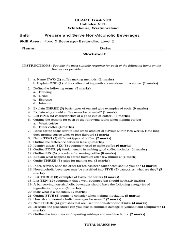 Prepare and Serve Non-Alcoholic Bevergaes Worksheet | PDF