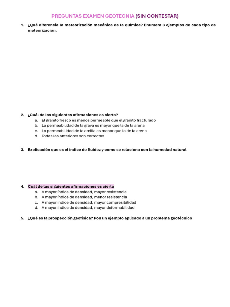 Preguntas Examen Geotecnia (Sin Contestar) | PDF