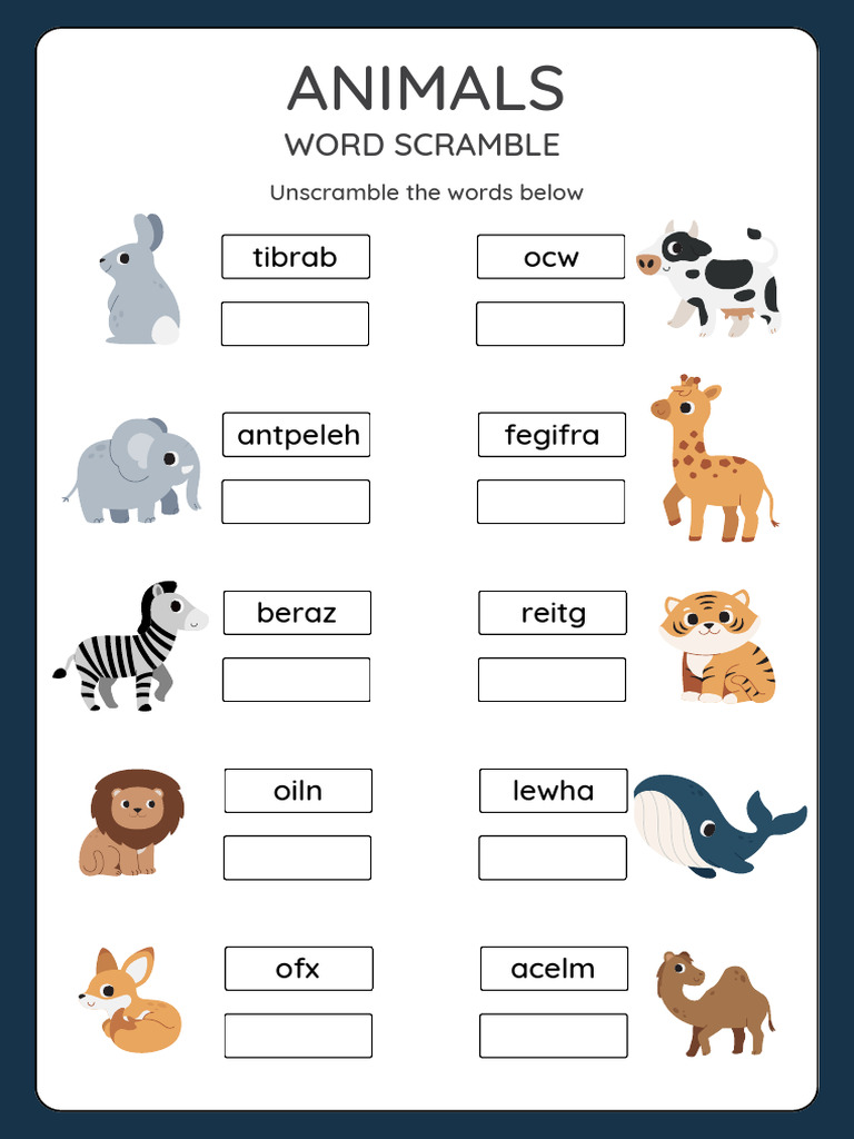 Pastel Simple Animals Word Scramble Worksheet | PDF