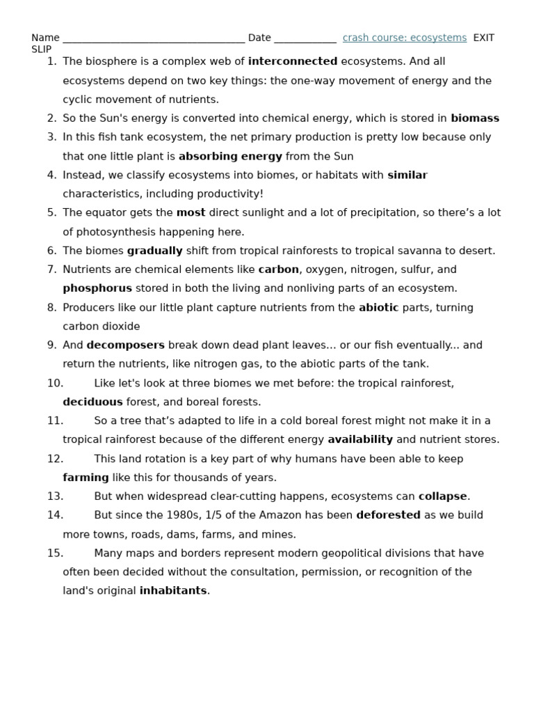 Ecosystems Crash Course Exit Slip | PDF | Ecosystem | Forests