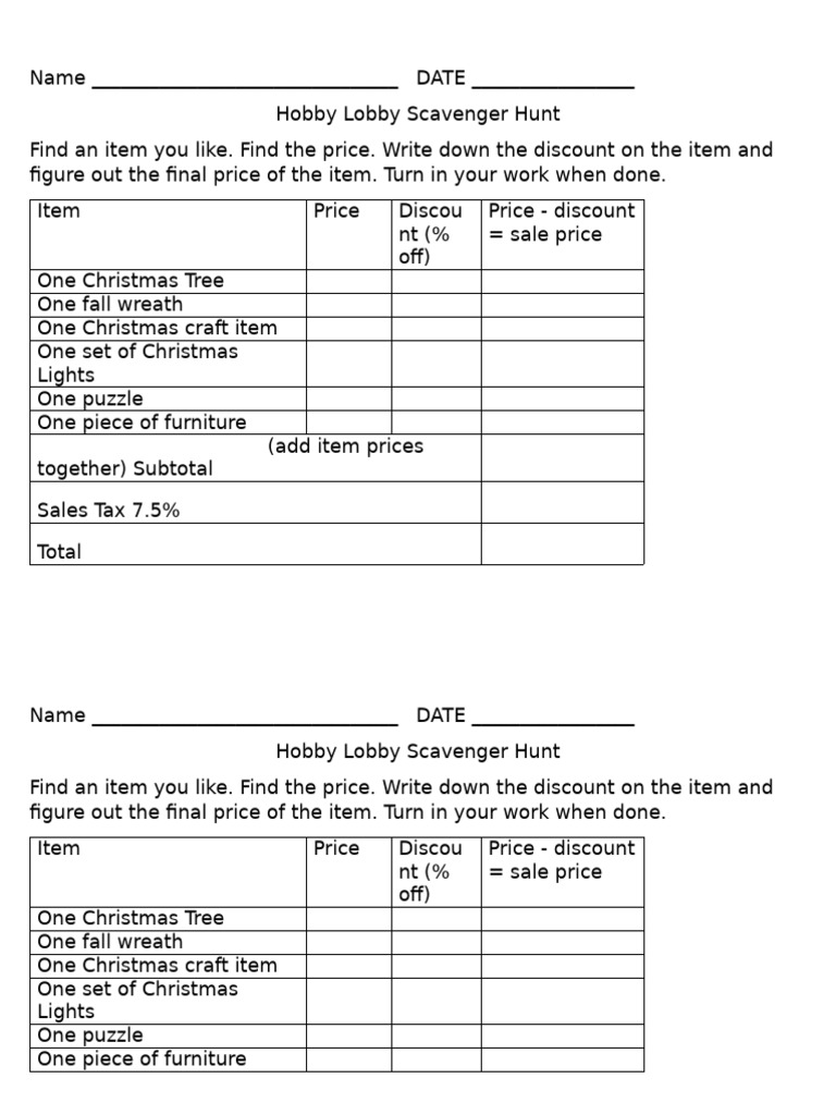 Hobby Lobby Scavenger Hunt Worksheet | PDF | Home & Garden