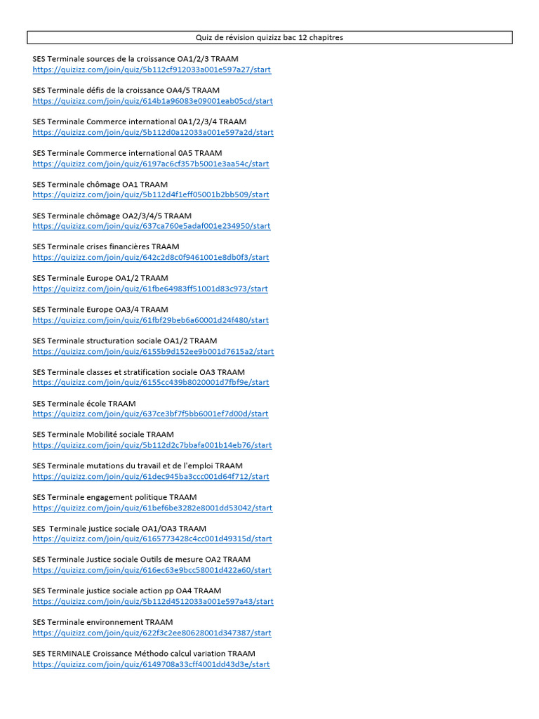 Quiz de Révision Quizizz Bac 12 Chapitres Version ELEVE | PDF