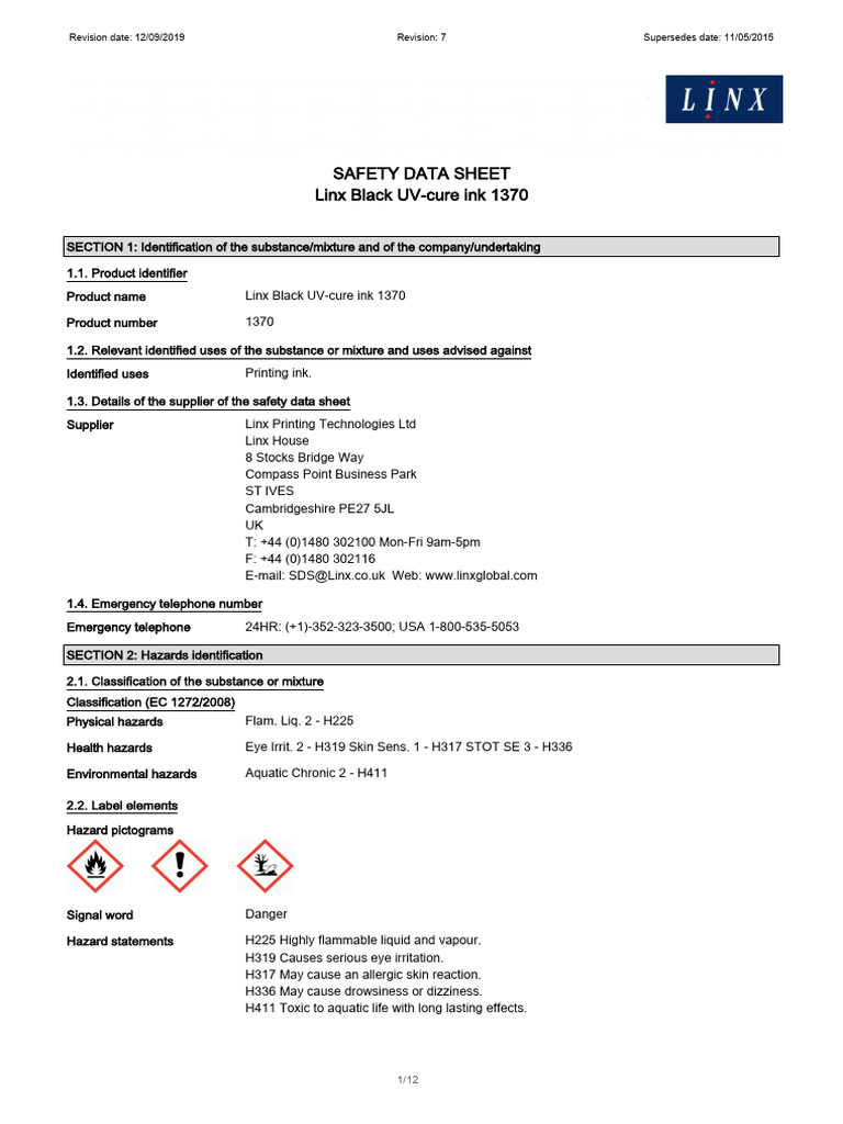 Linx Black UV-Cure Ink 1370 Safety Data | PDF | Toxicity | Personal ...
