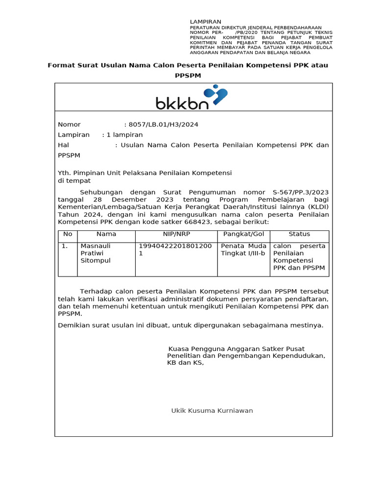 Format Surat Usulan Nama Calon Peserta Penilaian Kompetensi PPK atau PPSPM | PDF