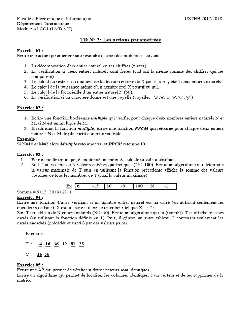 TD #3: Les Actions Paramétrées: Exercice 01 | PDF