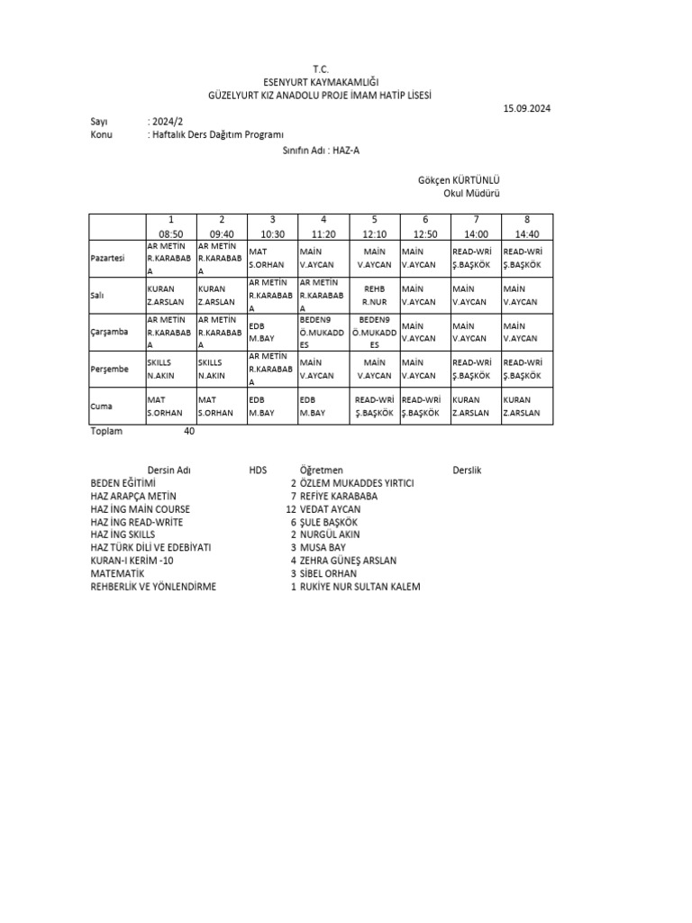 SINIF PROGRAMI LİSE (16 Eylül) | PDF