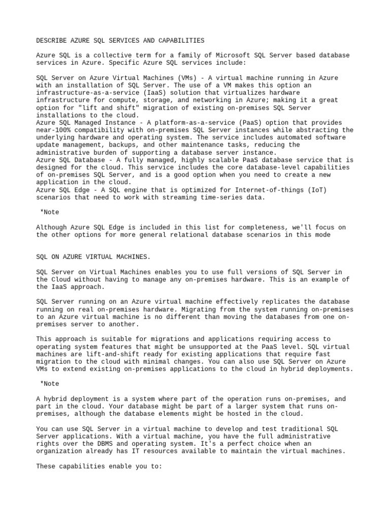 Describe Azure SQL Services and Cap | PDF