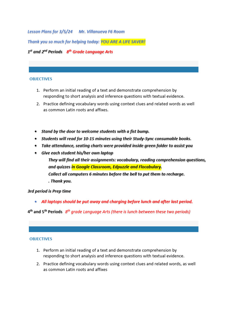 Lesson Plans 3-5-24 Sub Instructions | PDF