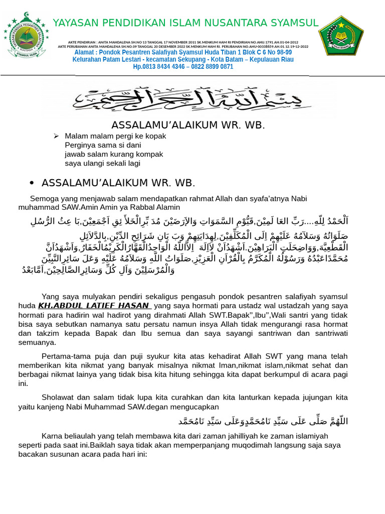 Assalamu'Alaikum Wr. WB.: Yayasan Pendidikan Islam Nusantara Syamsul Huda | PDF