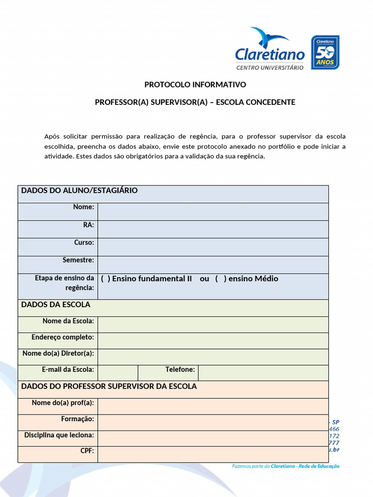 Formulário Professor Supervisor | PDF