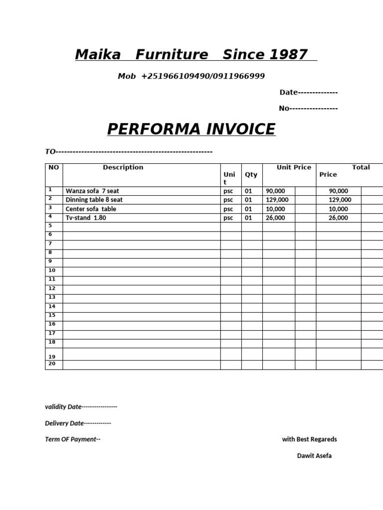 Maika Furniture Performa Invoice | PDF