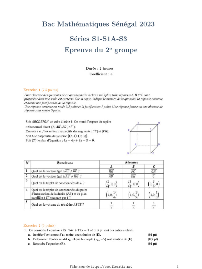 ILEMATHS Maths T-Sujet-Bac-2023 Senegal S 2-Exercices-Correction | PDF