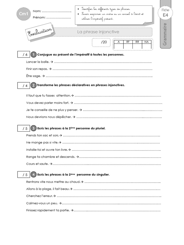 Cm1 Evaluation Phrase Injonctive | PDF