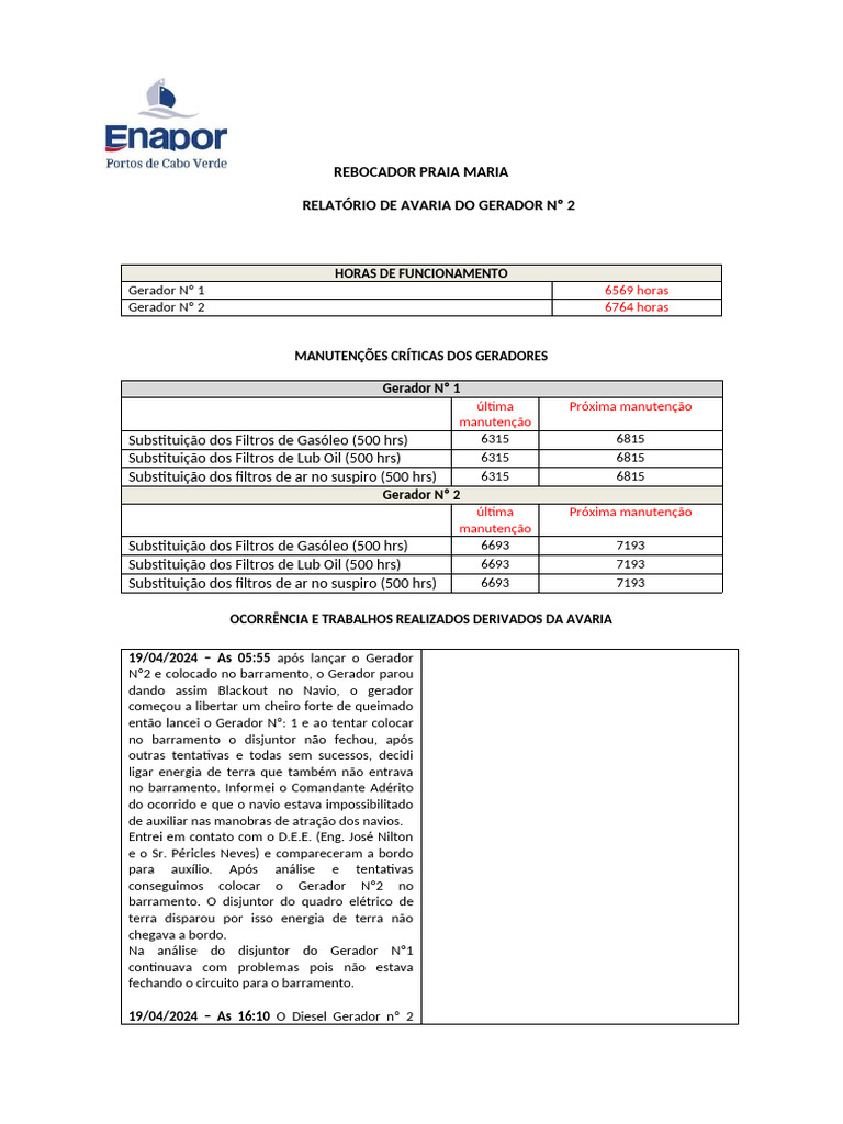 Relatório Avaria No Gerador Nº2 Entrada de Ar 12.06.2024 | PDF