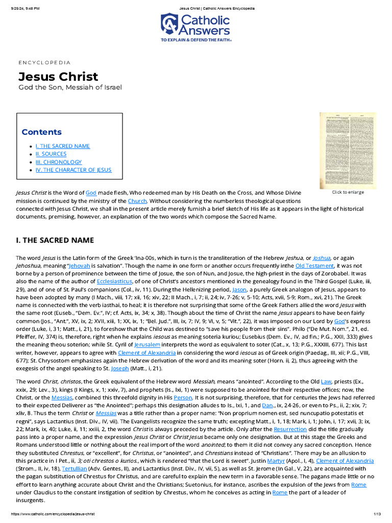 Jesus Christ - Catholic Answers Encyclopedia | PDF | Jesus | Gospel Of John