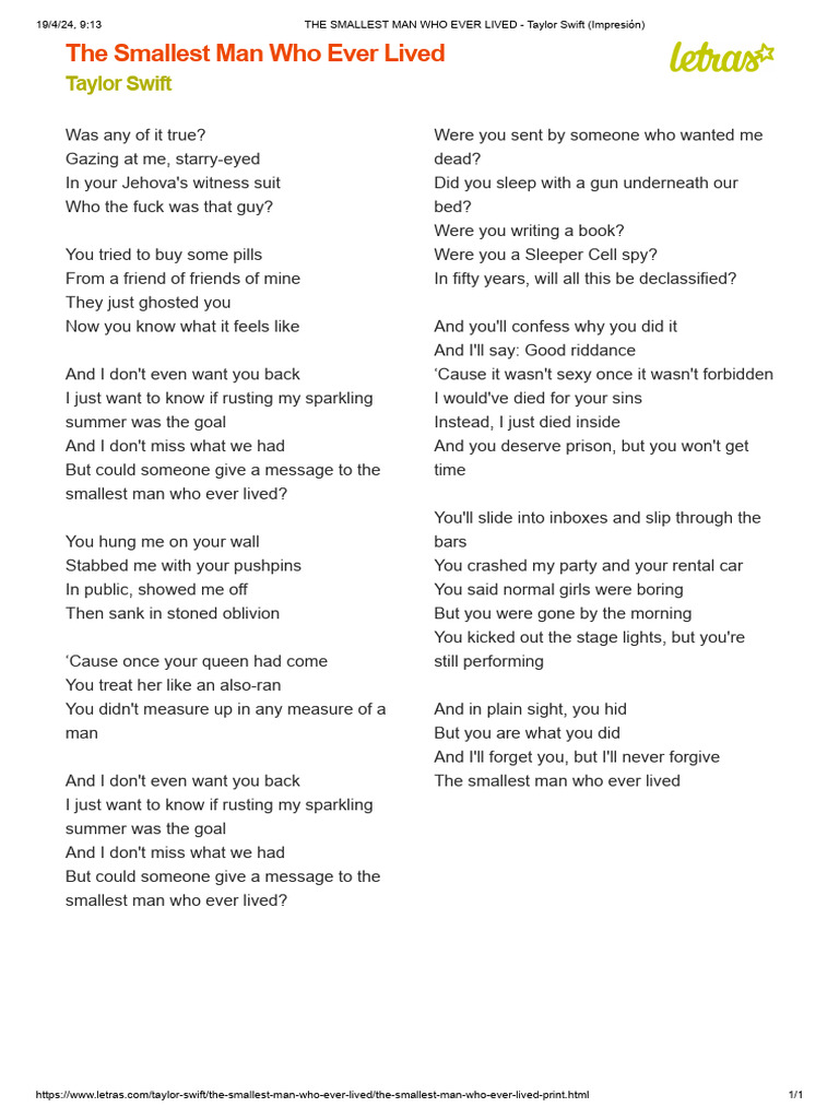 14 THE SMALLEST MAN WHO EVER LIVED - Taylor Swift (Impresión) | PDF