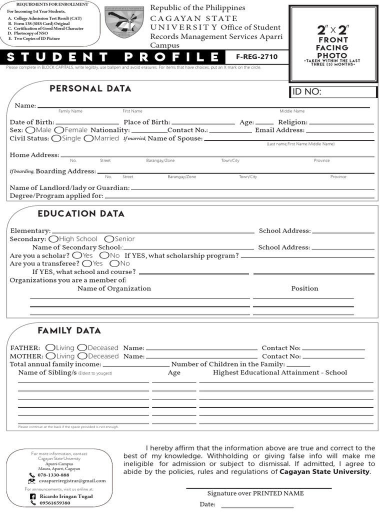 Cagayan State University Student Profile Form | PDF