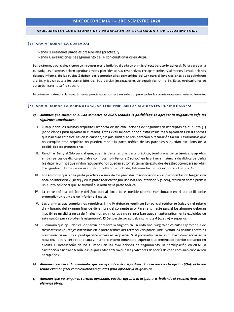 Reglamento de Cursada y Promoción - Micro I - 2do Sem 2024 | PDF