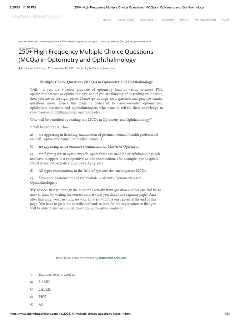 250+ High Frequency Multiple Choice Questions (MCQS) in Optometry and ...