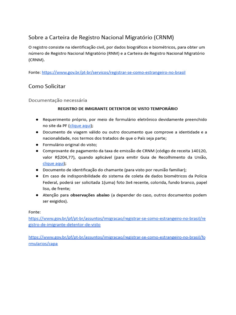 Como Obter a CRNM no Brasil | PDF | Visto para viagem | Passaporte