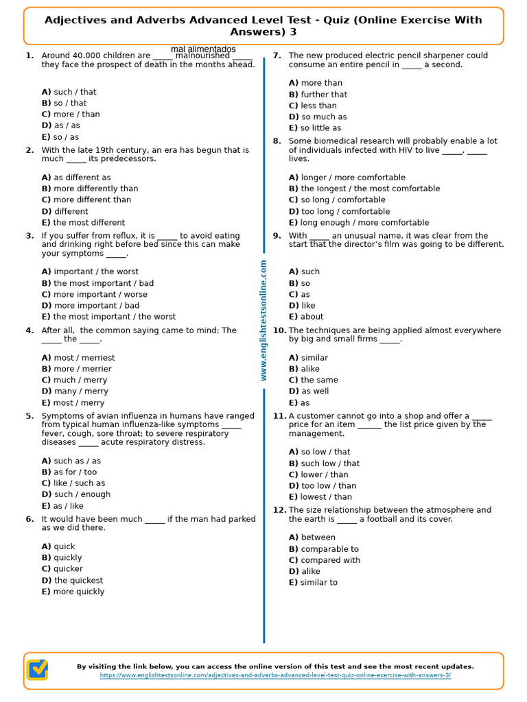 341 Adjectives and Adverbs Advanced Level Test Quiz Online Exercise ...