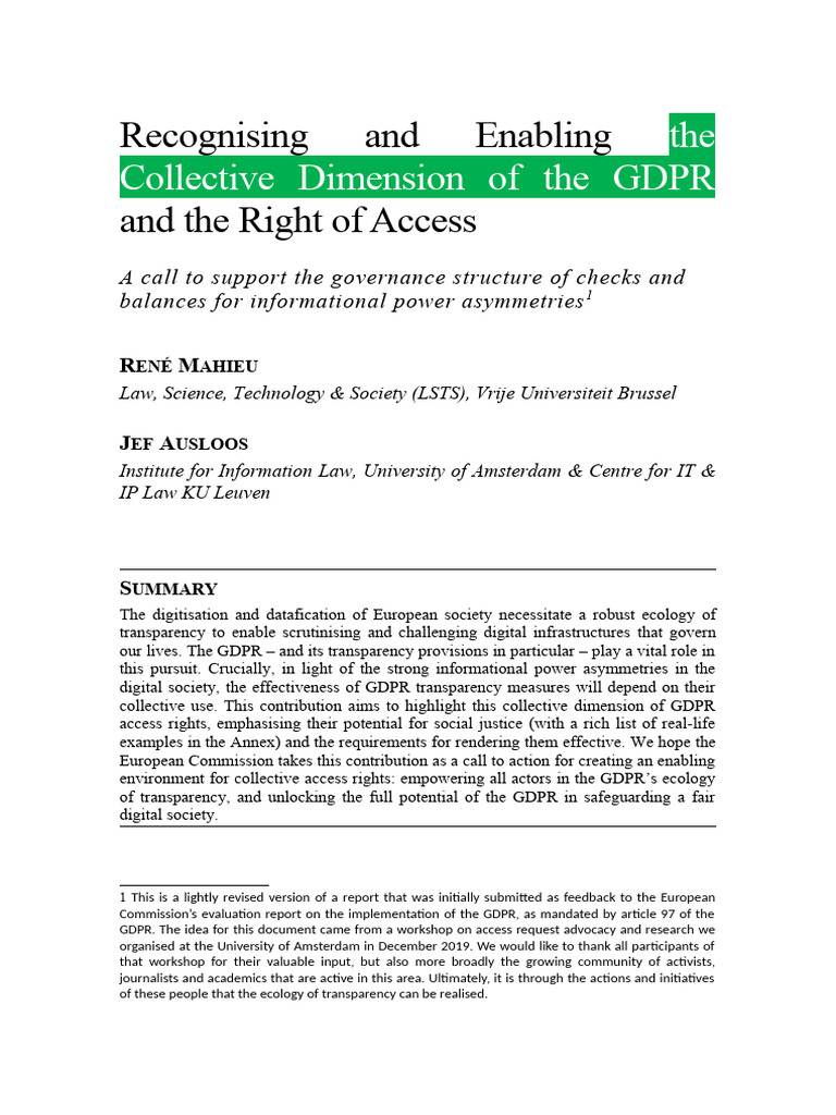 Recognising and Enabling The Collective Dimension of The GDPR and The ...