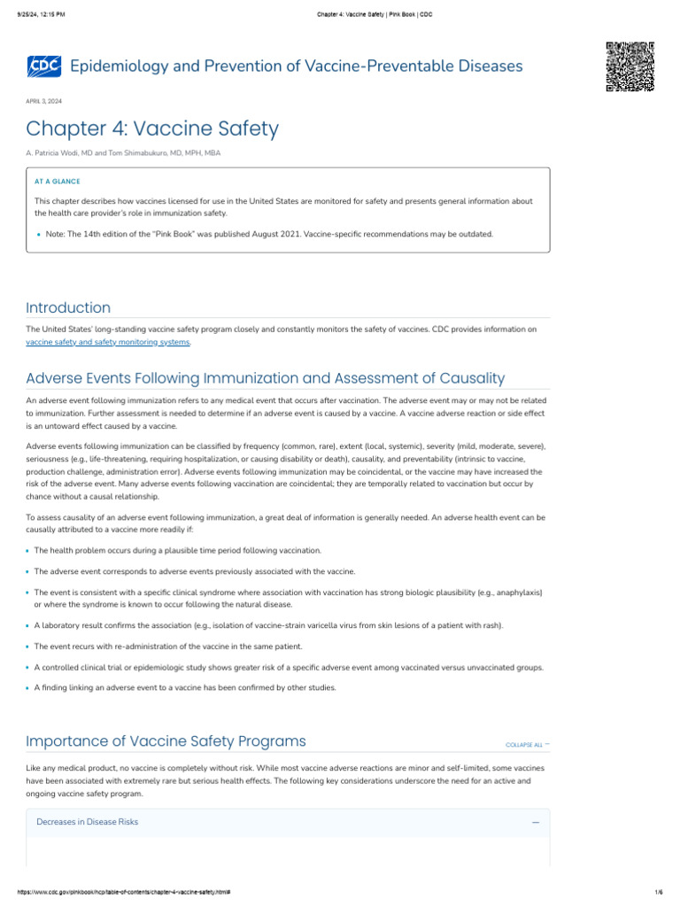 Chapter 4 - Vaccine Safety - Pink Book - CDC | PDF