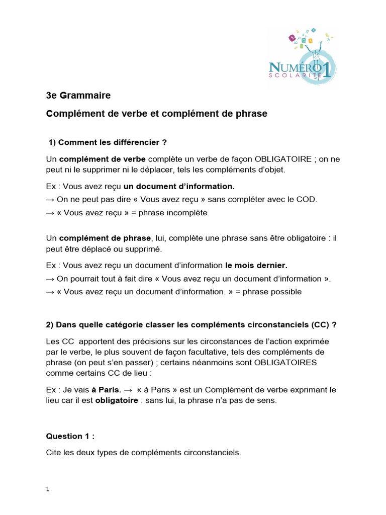3e Grammaire Complement de Verbe Et Complement de Phrase | PDF