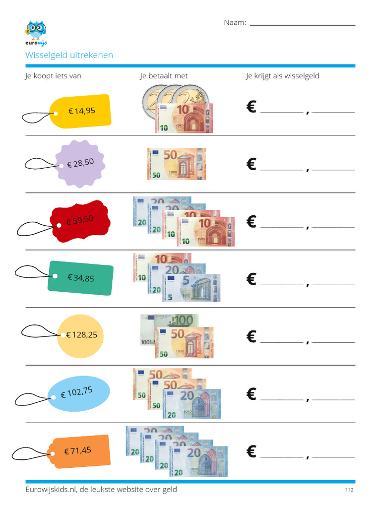 Eurowijs Rekenblad112 Wisselgeld-Uitrekenen | PDF