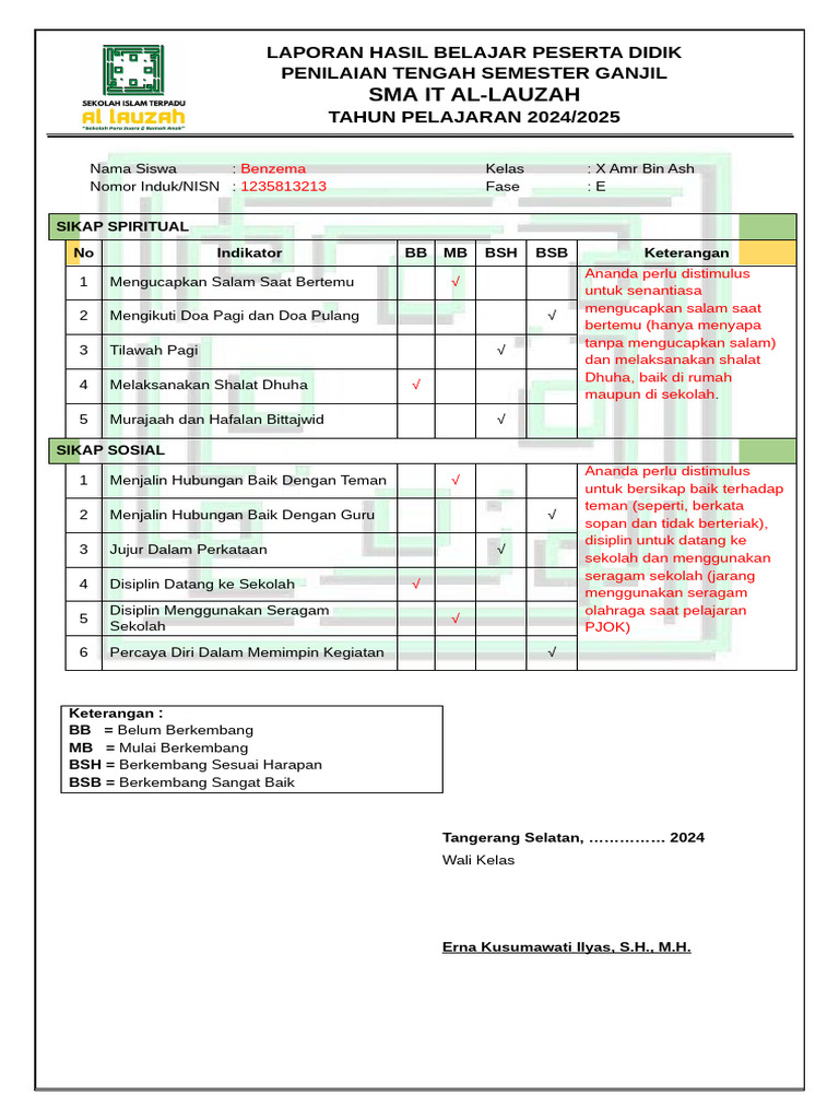 Format Rapor PTS X | PDF