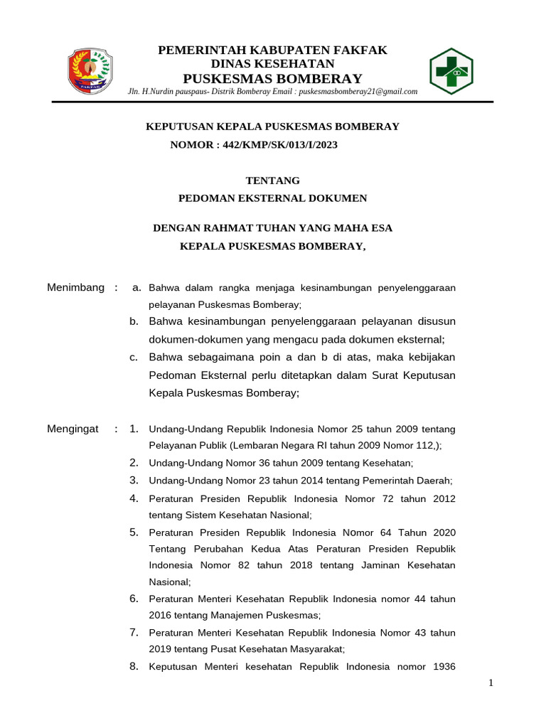 SK TTG Pedoman Eksternal Dokumen Puskesmas | PDF