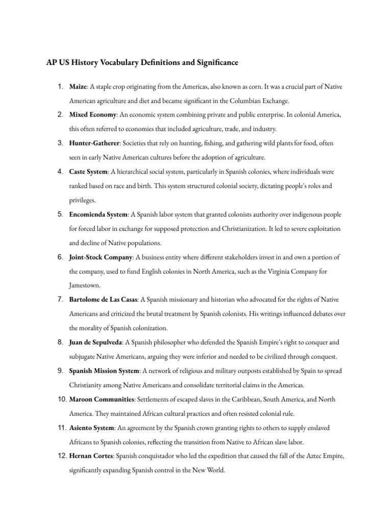AP US History Vocabulary Definitions and Significance | PDF
