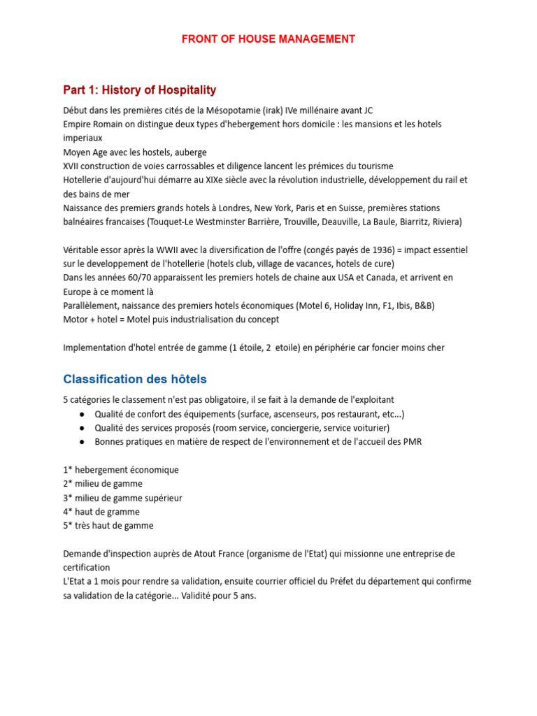 FOH Management - History of Hospitality | PDF