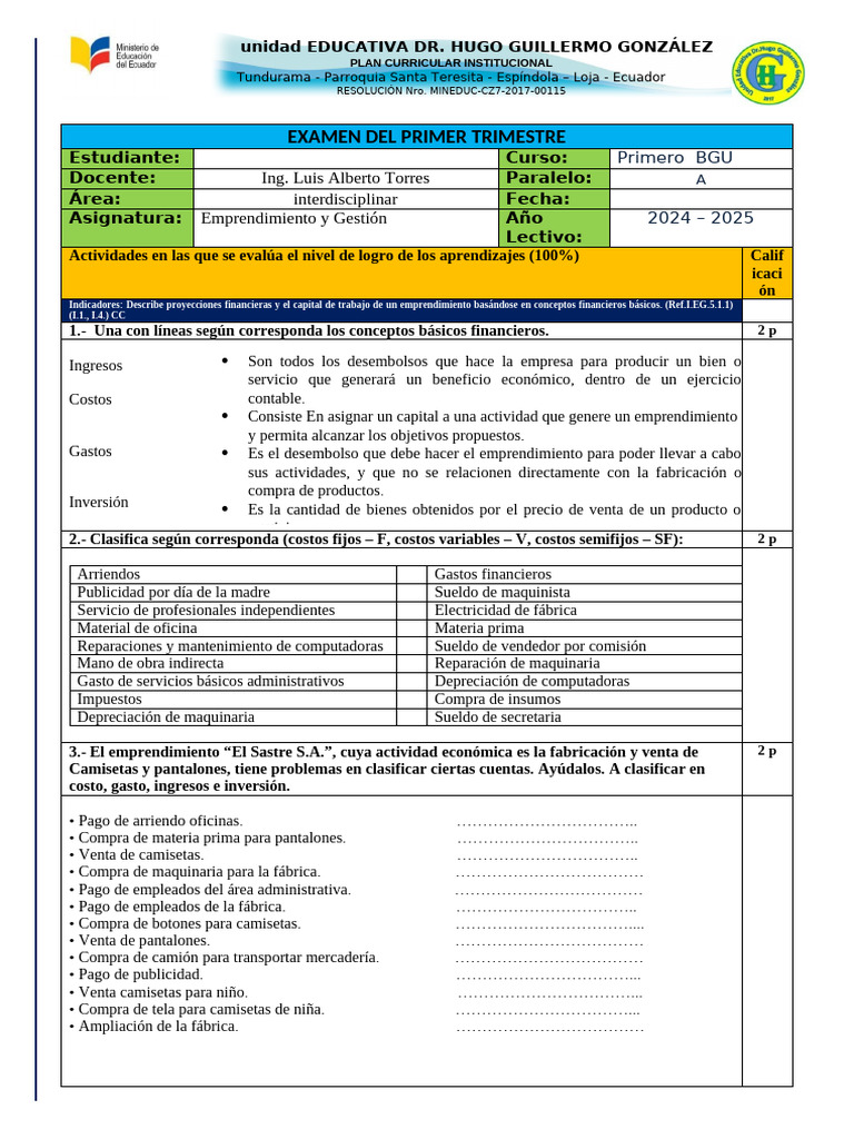 Examen Primer Trimestre Emprendimiento 1ro Bgu | PDF