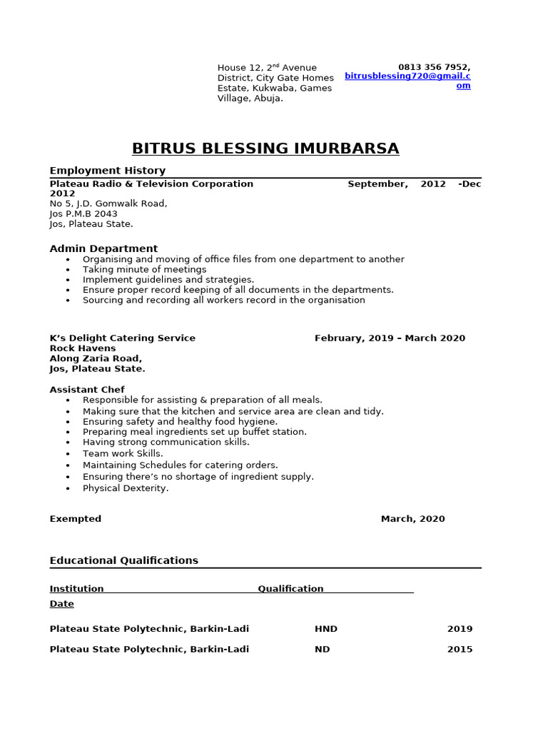 Bitrus, Blessing Imurbarsa CV | PDF