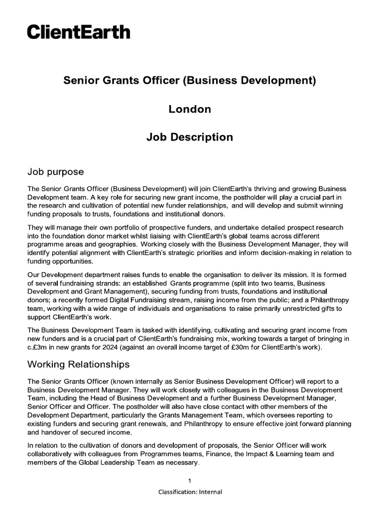Senior Grants Officer (Business Development) - Job Description - April ...