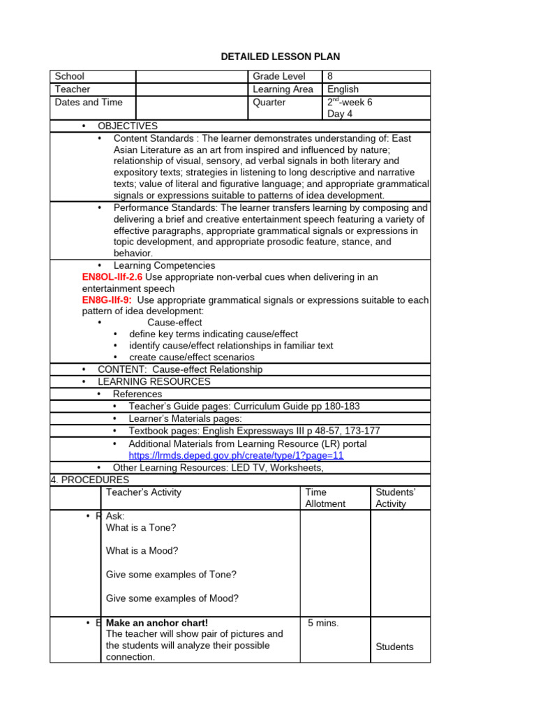 Detailed Lesson Plan English 8 | PDF